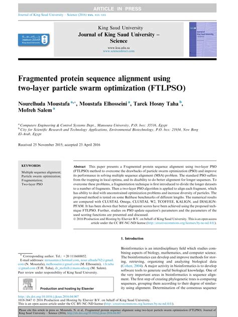 pdf fragmented protein sequence alignment using two layer pso ftlpso fragmented protein