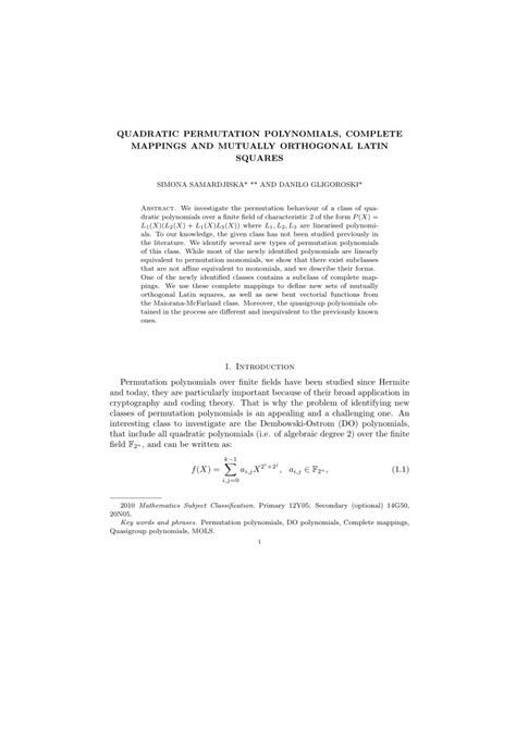 pdf quadratic permutation polynomials complete mappings and mutually orthogonal latin squares