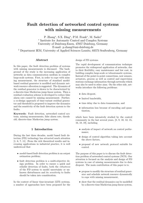 pdf fault detection of networked control systems with missing measurements