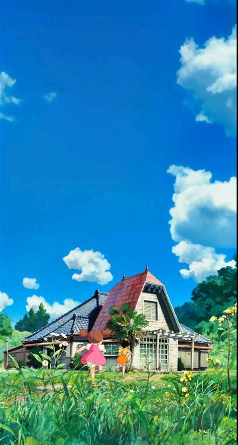 Two People Standing In Front Of A House On A Lush Green Field Under A