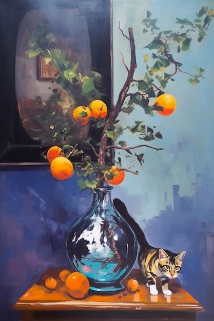 Premium AI Image A Painting Of A Cat Sitting Next To A Vase With
