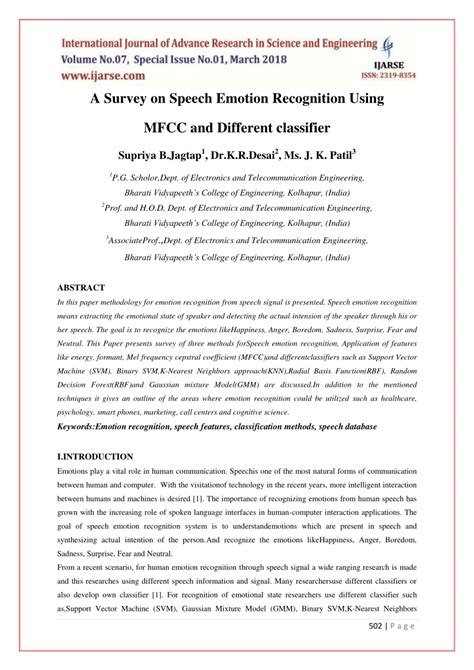 pdf a survey on speech emotion recognition using mfcc and different classifier