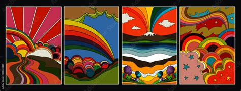 1960s Hippie Style Poster Set Psychedelic Landscapes Rainbows Clouds