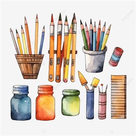 Conjunto De Colorear De útiles Escolares De Ilustración Acuarela PNG