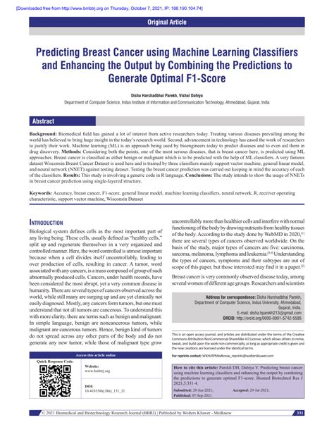 pdf predicting breast cancer using machine learning classifiers and enhancing the output by