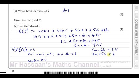 wst01 01 edexcel ial s1 june 2022 q5 discrete random variables expected value sd youtube
