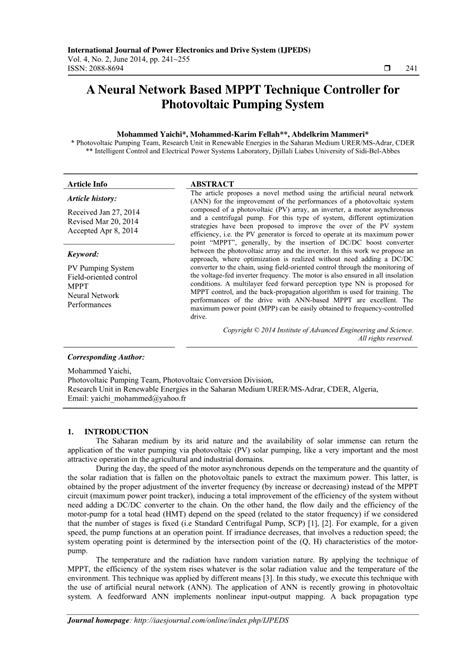 pdf a neural network based mppt technique controller for photovoltaic pumping system