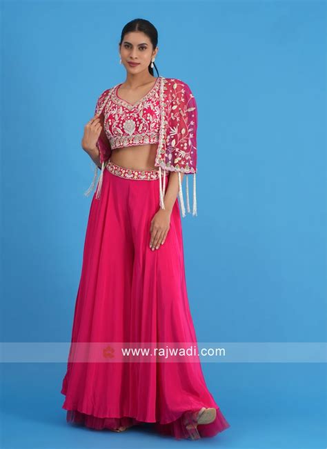 Deep Pink Crop Top Palazzo Set With Embroidered Shrug