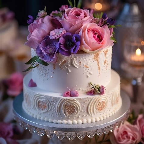 Premium AI Image A White Cake With Purple Flowers On Top Of It