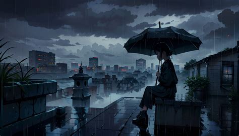 X Resolution Hd Sad Anime Girl In Dark Rain K Wallpaper
