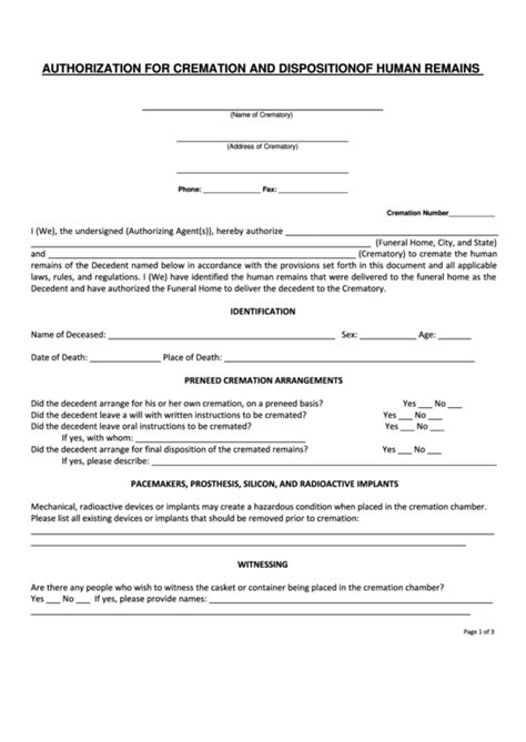 Cremation Authorization Form Printable