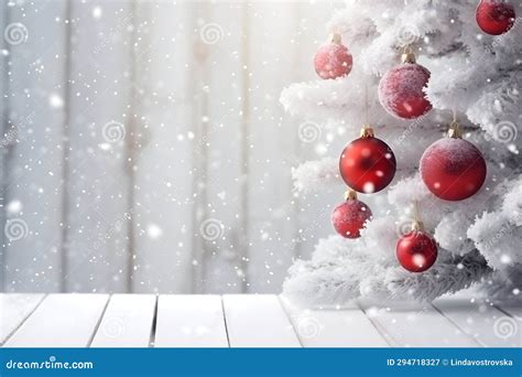 Christmas Tree Branches Covered With Snow And Hanging Red Christmas