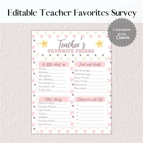 Editable Teacher Favorites Survey Meet The Teacher Questionnaire