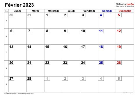 Calendrier février 2023 Excel Word et PDF Calendarpedia