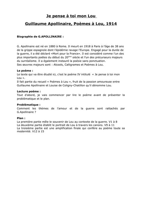 Je Pense Toi Mon Lou Guillaume Apollinaire Po Mes Lou