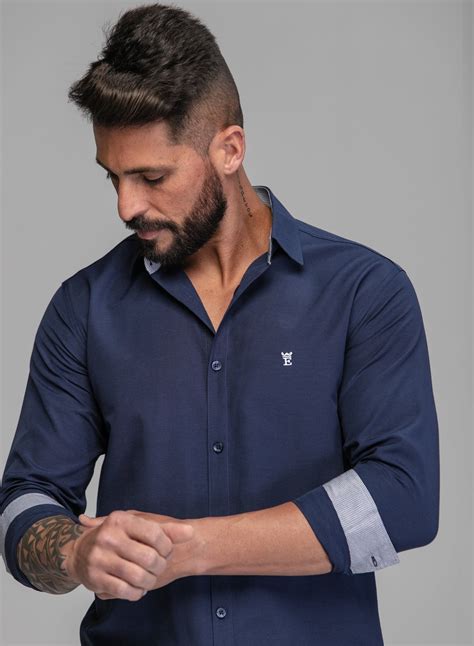 Camisa Social masculina manga longa Alfajor Marinho Clássicos em Marinho