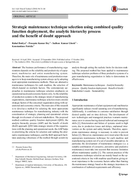 pdf strategic maintenance technique selection using combined quality function deployment the