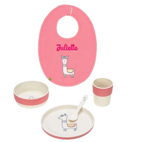 Coffret repas bébé avec bavoir personnalisé Glama Lama Rose
