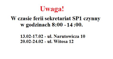 Godziny pracy sekretariatu Szkoła Podstawowa nr 1 im Marynarki