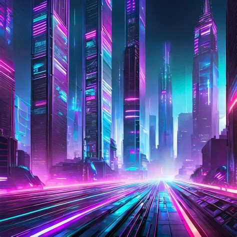 Un paisaje urbano cyberpunk con luces de neón y rascacielos Foto Premium