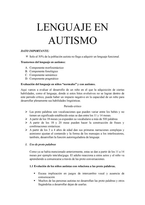 Lenguaje EN Autismo LENGUAJE EN AUTISMO DATO IMPORTANTE Solo El 50