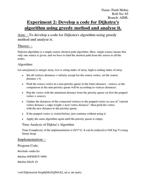 experiment 2 develop a code for dijkstra s algorithm using greedy method and analyse it pdf