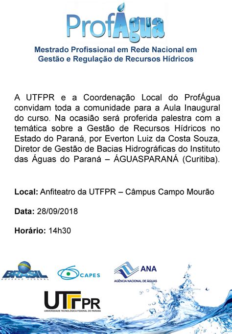 Convite para a Aula Inaugural do ProfÁgua Polo UTFPR