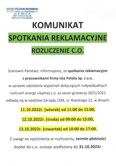 Spotkania reklamacyjne dot C O Lubelska Spółdzielnia Mieszkaniowa