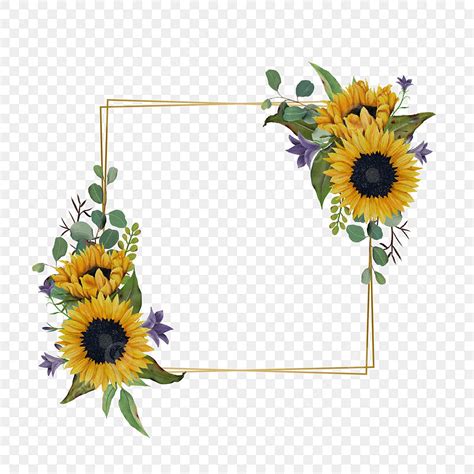 Marco Dorado Con Girasoles De Acuarela Para Decoración De Invitación De