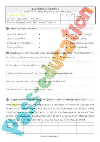 Evaluation et bilan pour le Cm2 sur limparfait des verbes fréquents