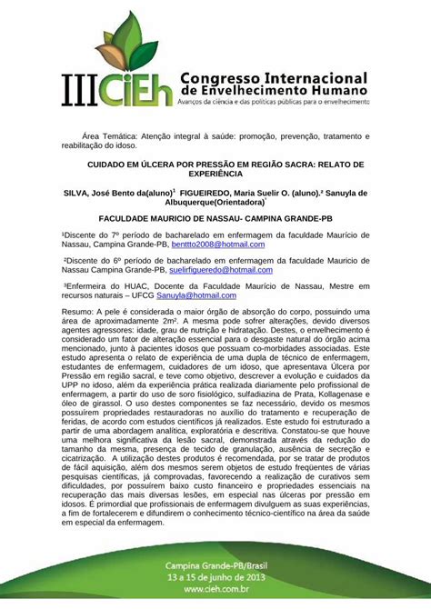 PDF CUIDADO EM ÚLCERA POR PRESSÃO EM REGIÃO SACRA RELATO DE