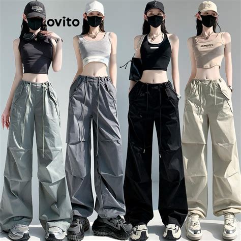 Lovito Calças casuais de linha de estrutura lisa para mulheres LNE61494