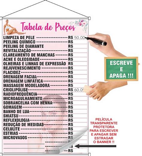 Banner Estética tabela de preços escreve e apaga especial laminação