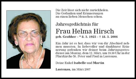Todesanzeigen Von Helma Hirsch Todesanzeigen Vorarlberger Nachrichten