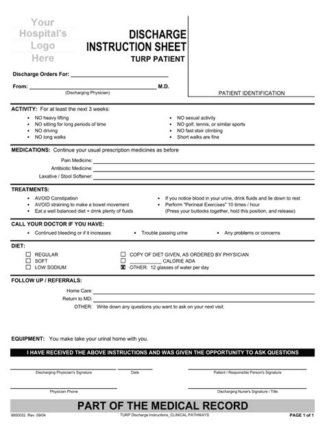 Printable Fillable Hospital Discharge Papers