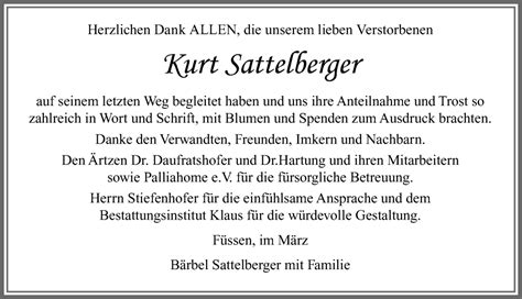 Traueranzeigen von Kurt Sattelberger Allgäuer Zeitung