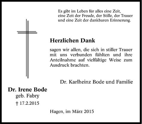 Traueranzeigen Von Irene Bode Trauer In NRW De