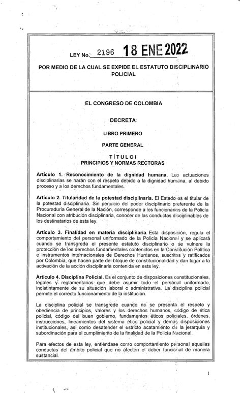 LEY 2196 DEL 18 DE Enero DE 2022 Estatuto Disciplinario Ponal Proceso