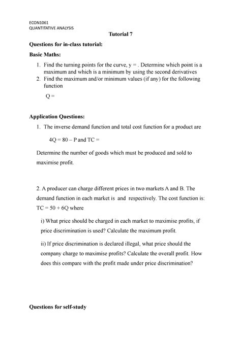 tutorial 7 tut 7 econ quantitative analysis tutorial 7 questions for in class tutorial