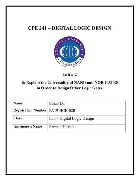 dld lab report 2 manual cpe 241 digital logic design lab 2 to explain the universality