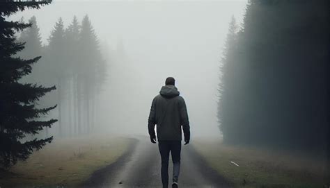Premium AI Image A Man Walks Along The Road In The Fog View From The Back