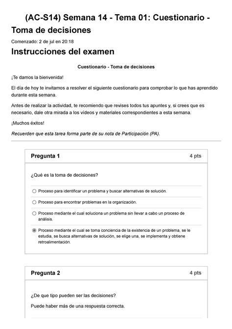 Examen AC S14 Semana 14 Tema 01 Cuestionario Toma De Decisiones