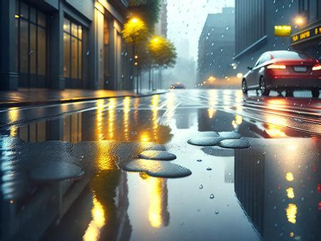A Red Car Driving Down A Rain Soaked Street Image Design ID