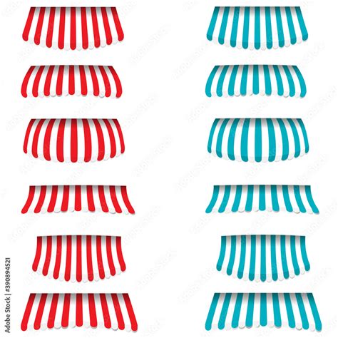 Striped Red Blue White Awnings Set Various Shape For Shops Cafes And