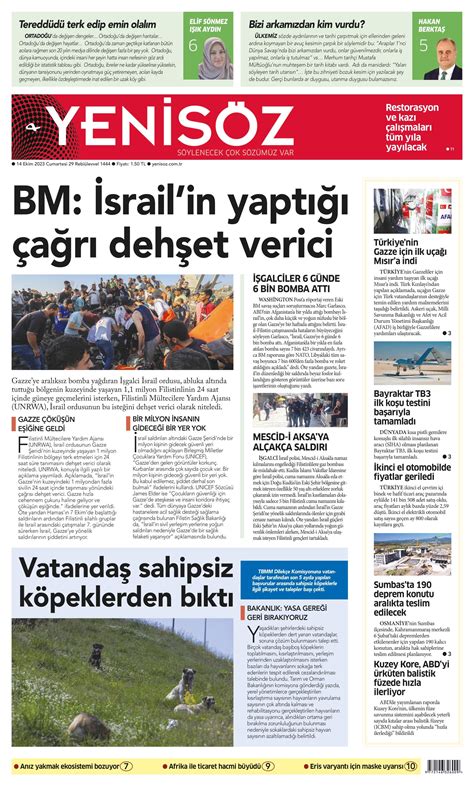 Yeni Söz Gazetesi 14 Ekim 2023 Cumartesi Günü Manşeti