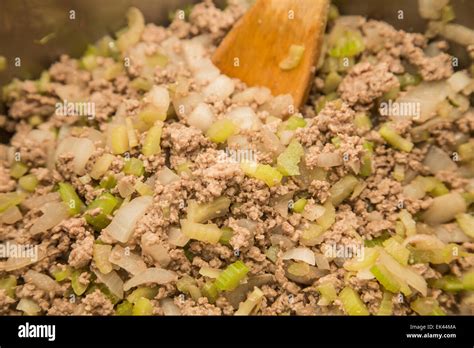 Cocinar la carne molida la cebolla picada y el apio en una sartén con