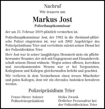 Traueranzeigen Von Markus Jost Volksfreund Trauer De