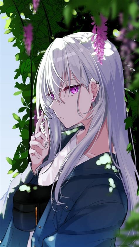 An Anime Girl With Long White Hair Talking On A Cell Phone In Front Of