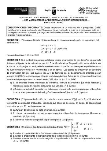 Exámenes de EBAU de Matemáticas Aplicadas a las Ciencias Sociales del