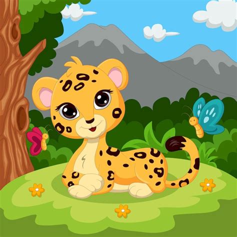 Leopardo bebé de dibujos animados sentado en la hierba Vector Premium